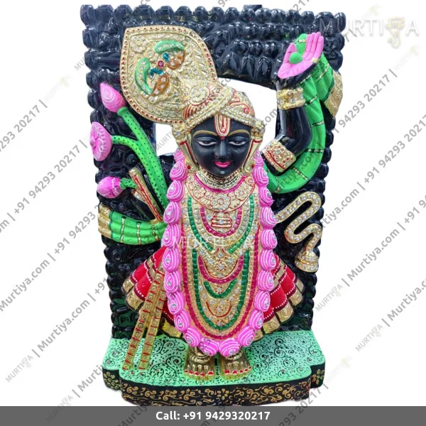 Black Stone Shreenath Ji With Golden and Yellow Painted Clothes best for Home Temple | Murtiya.com